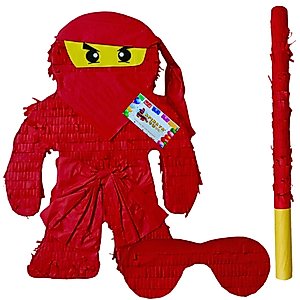 APINATA4U Red Ninja Pinata Kit (17.5x12.2x3.5 Inch) - Elevate Ninja Party Excitement with Complete Supplies, Themed Birthday Fun, Photo Prop, Decorations, Includes Stick and Mask!