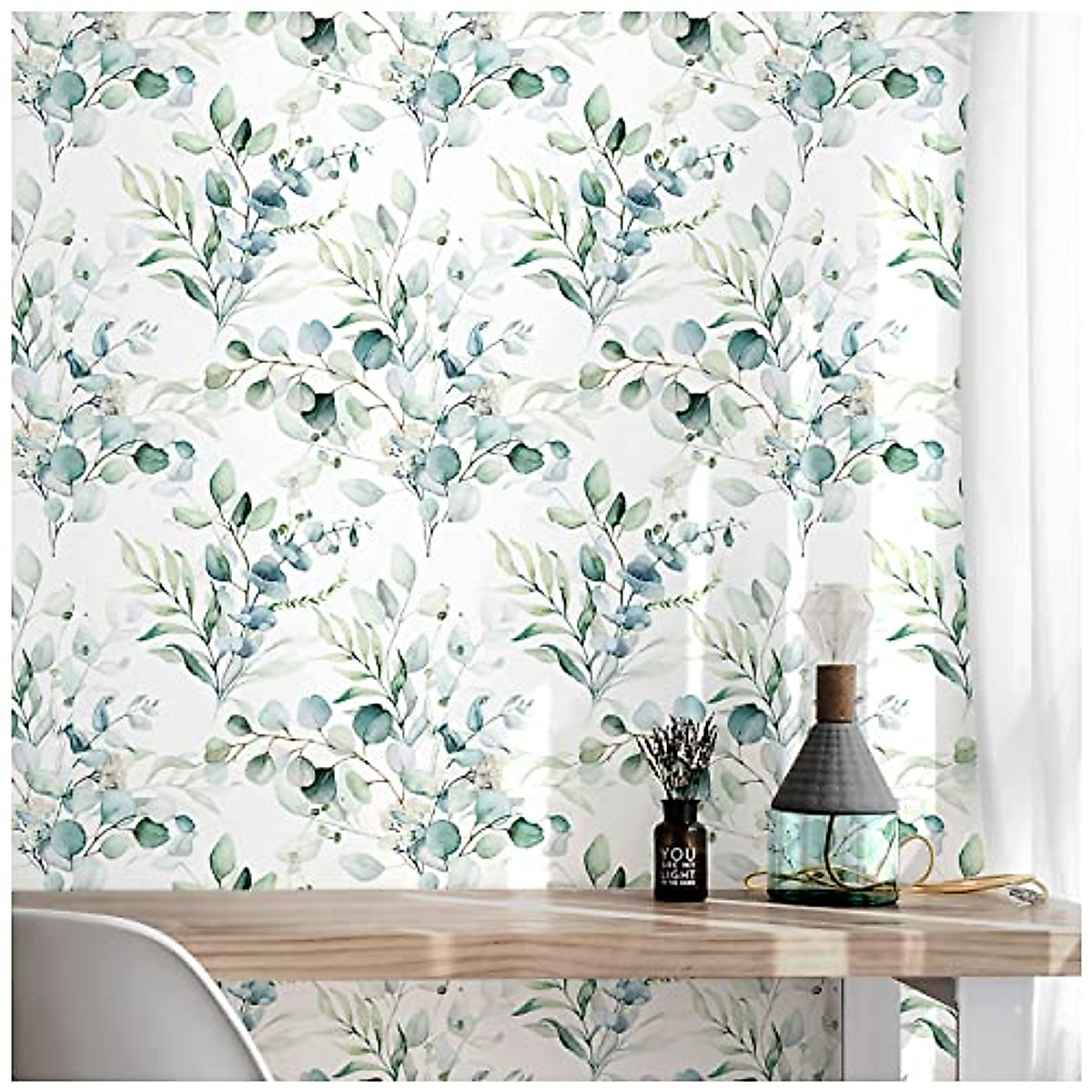Floralplus Peel and Stick Wallpaper Boho Eucalyptus Leaf Wallpaper Removable Wallpaper Peel and Stick Floral Stick On Wallpaper for Bedroom Home Decor 17.7x118in