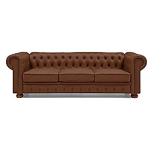 TARTOP Classic Chesterfield Sofa Leather, Modern PU Tufted Couch 3 Seater with Rolled Arms and Nailhead for Living Room, Bedroom, Office, Apartment,Brown