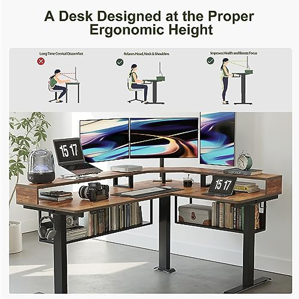 BANTI Triple Motor 63'' L-Shaped Standing Desk with LED Light Strip and Power Outlet, Height Adjustable Standing Corner Desk with Double Shelves, Rustic Top