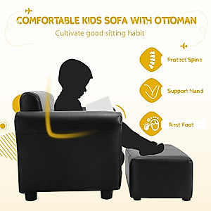INFANS 2 Seat Children Sofa, Upholstered Couch with Footstool Sturdy Wood Construction, Armrest Couch for Preschool Children Boys Girls, Kid Couch Lounge Bed with Ottoman (Black)