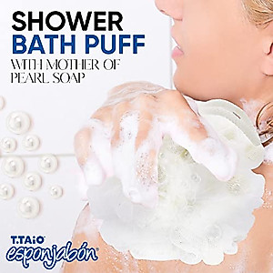 T.Taio Esponjabon Shower Bath Puff - Loofah Luffa Loufa Body Wash Ball - Mesh Pouf Scrubber for Full Cleanse Lather Skin Care - Essential Beauty Bathroom Accessories for Men & Women (Mother of Pearl)