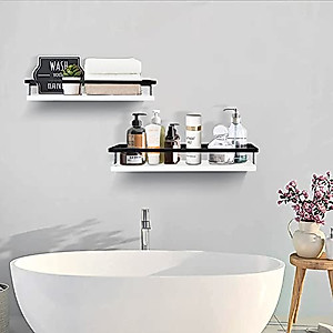 Y&ME YM Floating Shelf Set of 2, Decorative Wood Wall Storage Shelves, White Wall Mounted Shelves with Black Metal Frame Perfect for Kitchen, Bathroom Shelves, Wall Decor
