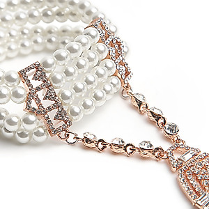 Metme 1920s Flapper Bracelet Ring Set Gatsby Accessories Imitation Pearl Crystal Bracelet Adjustable Ring