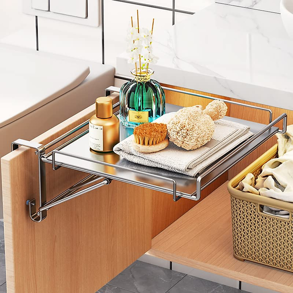 AYCWJZM Foldable Stainless Steel Door Hook Organizer & Countertop Shelf for Kitchen Cabinet Storage - Pot and Dish Rack Included. (Silver)