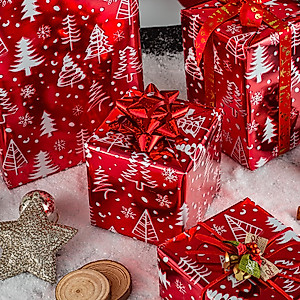 MAYPLUSS Christmas Red Wrapping Paper Roll - 17 Inch X 33 Feet - Luxury Metallic Shiny Red Christmas Tree and Snow Foil Roll Winter Holiday Gift Wrap Sheet for Party, DIY Crafts & Festive Decoration