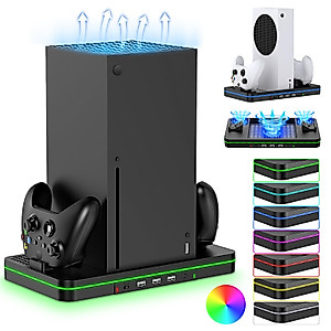Vertical Cooling Stand for Xbox Series X/S, Dual Controller Charging Station for Xbox Series X/S with Cooling Fan 3 Hub USB Ports