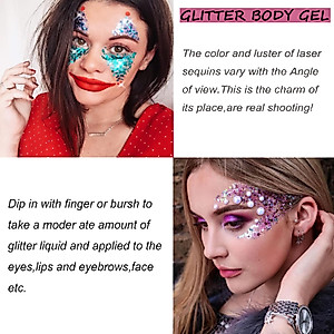 2 Color Body Glitter Gel Mermaid Scale Sequins Skin Long Lasting Sparkling Cream Eyeshadow Lip Nail Hair Painting Glitter Decorate Art Festival Party Make up Powder (Silver,White),with 2 Sponge Brush
