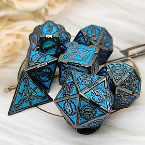 Metal DND Dice Set D&D Dungeons and Dragons Sword Dice Gift D20 Polyhedron Suitable for Rolling RPG MTG Pathfinder Board Game Accessories Free Velvet Bag-Black Nickel Glitter Blue