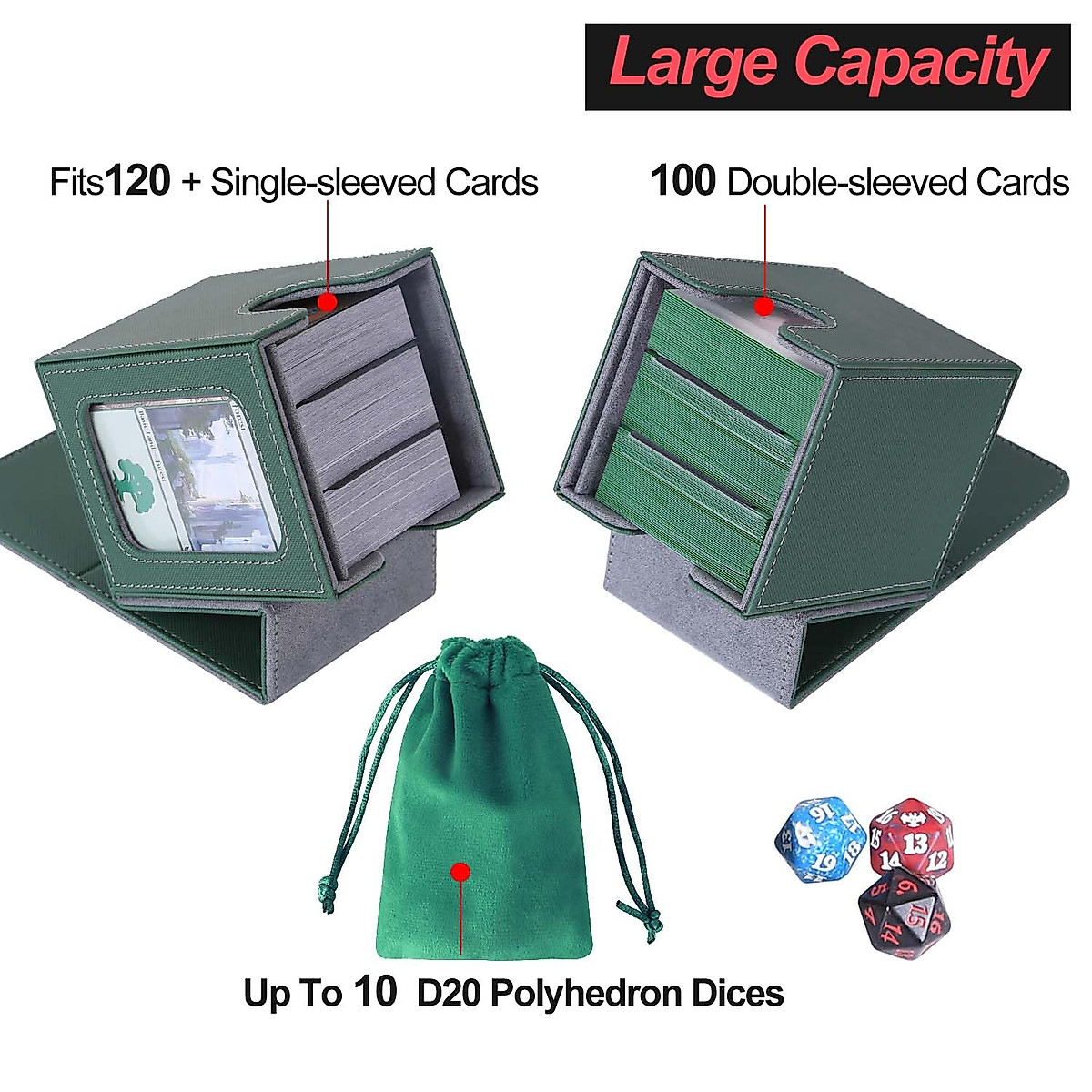 AFIING MTG Deck Box for Commander Display,Card Deck Box Fits 100 Double Sleeved Cards, Magic Commander TCG Card Storage case with 2 Dividers,Dice Bag and 1 Toploader(Green/Grey)