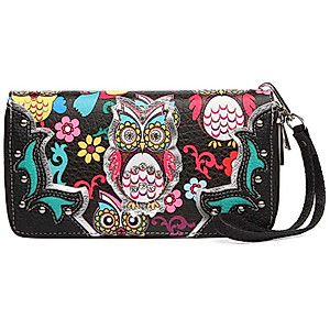 Colorful Owl Rhinestone Studded Spring Western Style Studs Fashion Clutch Purse Women Country Wrist Strap Wristlets Wallet
