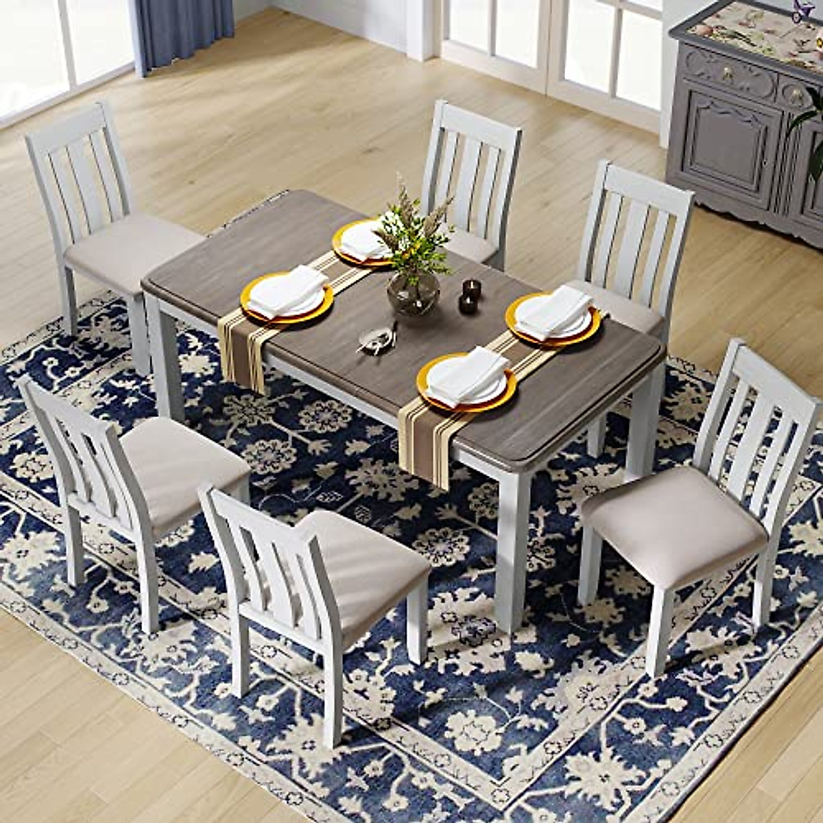 P PURLOVE 7 Piece Dining Table Set, Wood Dining Room Extendable Table and 6 Chairs with Cushions, Retro Style Kitchen Table Set for 6 Persons, Brown and White