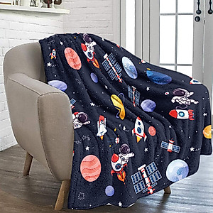 Outer Space Theme Throw Blanket for Kids, 50 x 60 Inch Blue Space Astronaut Rocket Fuzzy Plush Blanket for Boys Gift, Soft Galaxy Planet Spaceship Flannel Blanket for Children Teen Bed Couch Decor