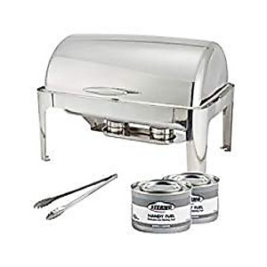 Winware 8 Quart Stainless Steel Full Size Roll Top Chafer, Chafing Dish Set with 2 Chafing Dish Methanol Gel Fuel and 16-Inch Stainless Steel Multi-Function Tong