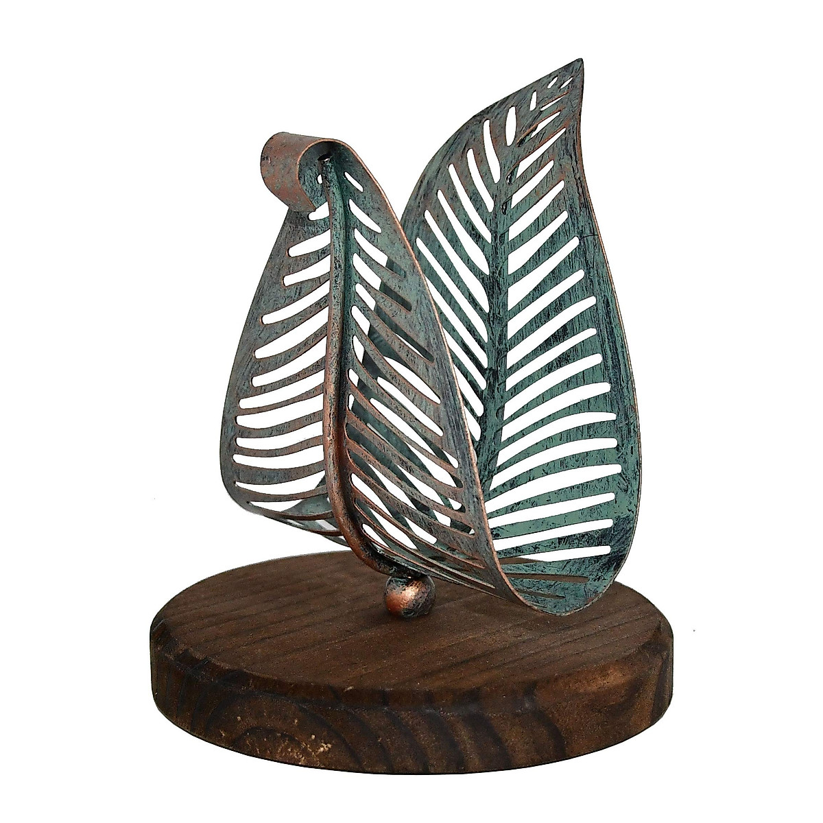 OwlGift Freestanding Modern Napkin Holder w/Golden Turquoise Metal Leaf & Brown Wooden Base Design, Tabletop Tissue Dispenser, Napkin Storage Organizer
