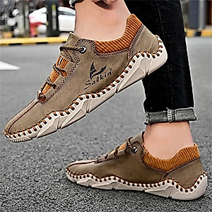 Dacomfy Mens Casual Shoes Fashion Sneakers Leather Oxfords Work Shoe Lightweight Walking Shoes Slip on Sneaker for Men Khaki Size 11