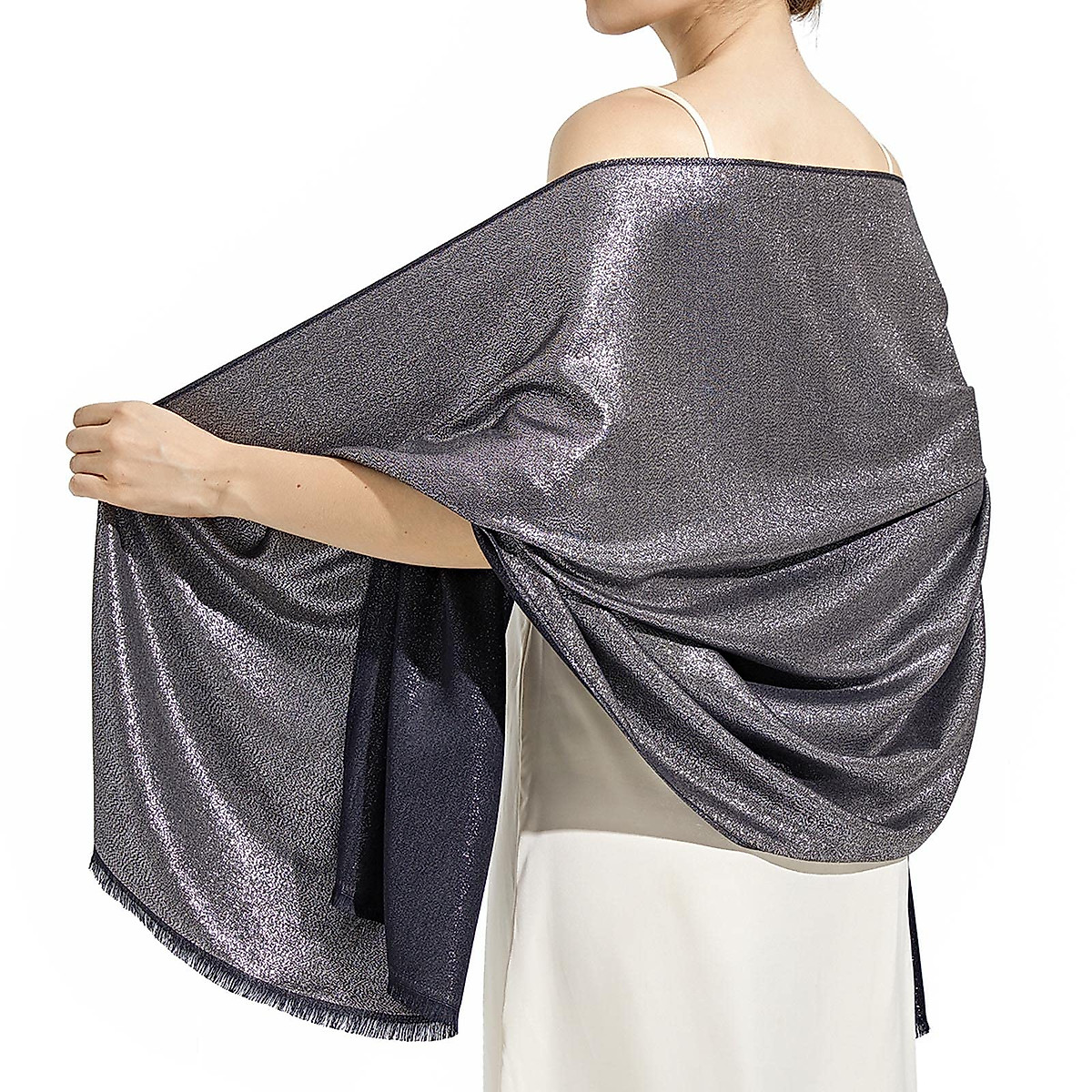 Ciormis Sparkly Shawls for Women, Metallic Black & Silver Wedding Pashmina Shimmer Scarf Wraps for Evening Wear (Black & Silver)