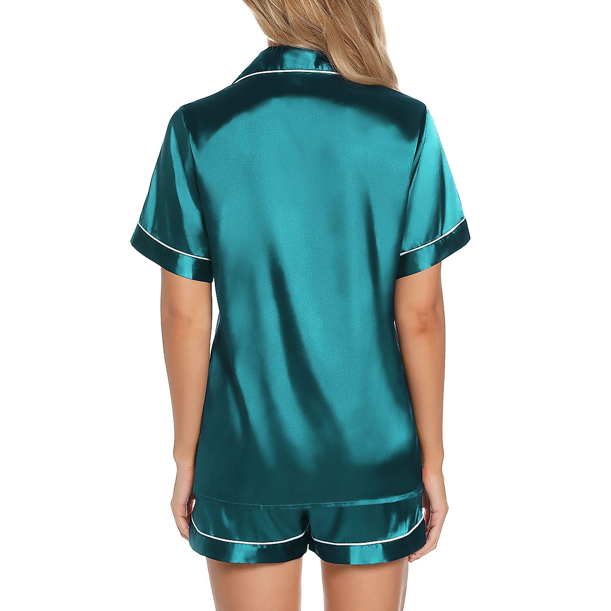 Senert Silk Satin Pajamas Set Women Two-Piece Nightwear Short Sleeve Sleepwear Soft Button Down Loungewear Pjs Set Green,XX-Large