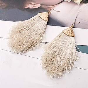 Fashion Bohemian Silky Thread Fan Fringe Tassel Statement Earrings - Lightweight Strand Feather Shape Dangles Earring 4 pcs (Black+White+Beige+Dark red)