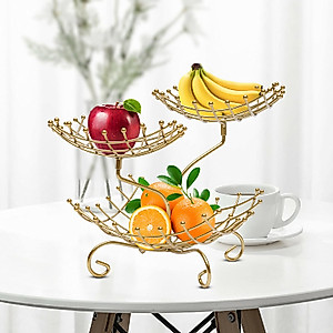Futchoy 3-Tier Fruit Bowl Fruit Tray Stand Metal Wire Fruit Basket Bread Vegetable Organizer Storage Black Cast Iron (Gold)