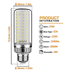 gezee 25W LED Light Bulb, 200 Watt Equivalent，E26 LED Lamp 2500 Lumens Daylight-White 6000K,Non-Dimmable (3-Pack)
