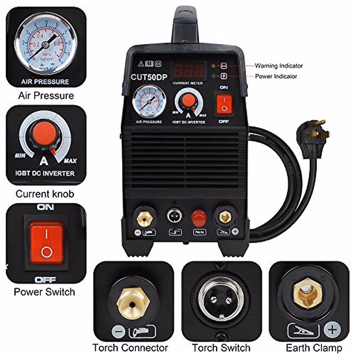 Pilot Arc Plasma Cutter, Cuwiny 50 Amp Dual Voltage 110/220v Non-Touch Pilot Inverter Air Plasma Cutting Machine, IGBT,14mm Clean Cut,16mm Max Severance, Fit For Carbon Steel,Copper, Iron and Aluminum