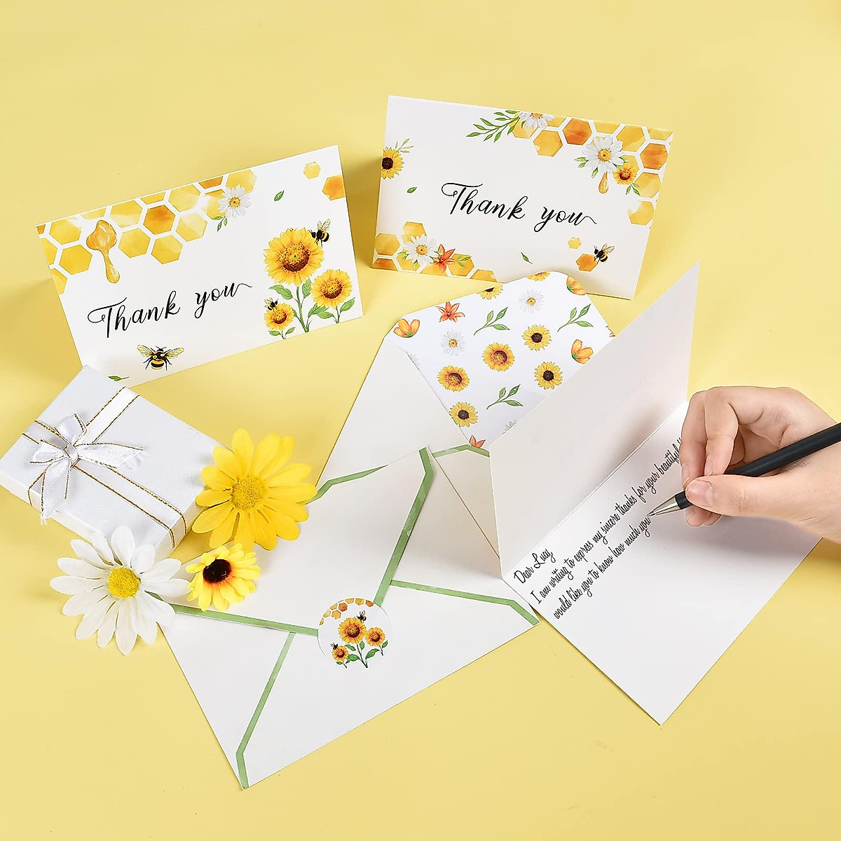 WERNNSAI Bee Thank You Card - 24 Sets Sunflower Thank You Cards with Envelopes for Kids Bumble Bee Blank Note Greeting Cards for Birthday Party 4" x 6"