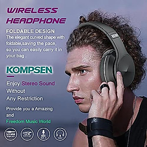 KOMPSEN Adult Noise Cancelling Headphones Wireless Bluetooth Headphones Foldable Over Ear Headphones with Microphone Deep Bass for Cellphone PC Class Game Office Home Travel-Black