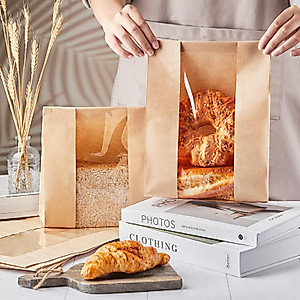 ZORRITA 50 Pack Large Bread Bags, 8.2 x 3.5 x 13.7 Inches Kraft Paper Bakery Bags with Windows Tin Tie Tab Lock Large Bread Bags for Packaging Homemade Sourdough Bread Loaf Cookies Popcorns