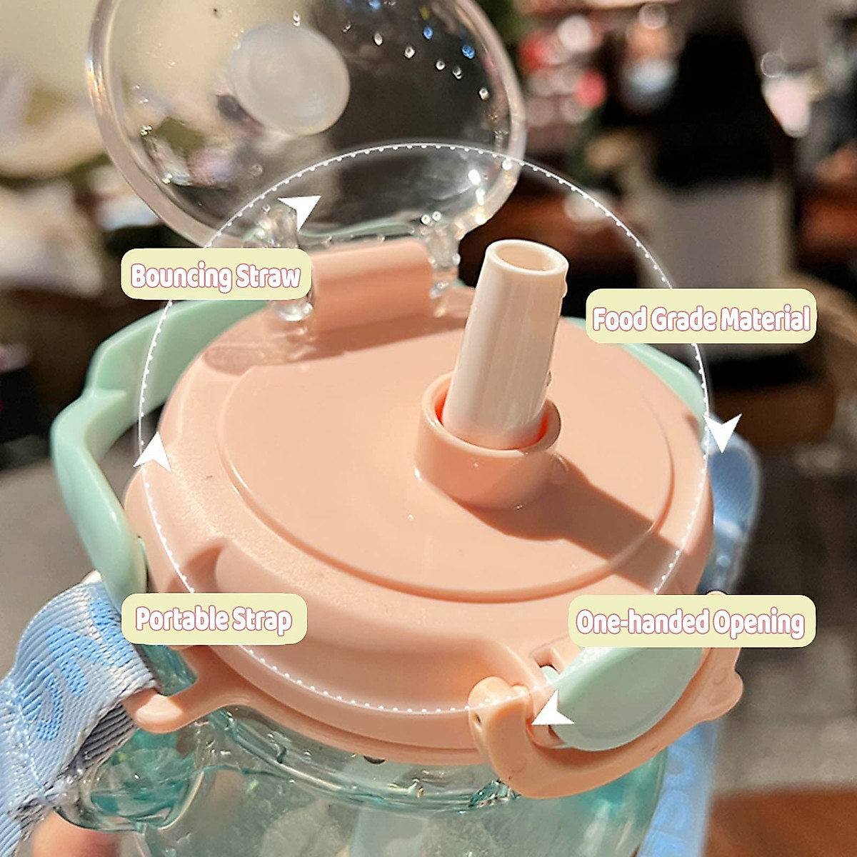 Cute Water Bottle 35OZ Kawaii Water Bottles with Straw and Shoulder Strap for School Camping Sports Travel, Leak-proof Girls Drinking Water Jug