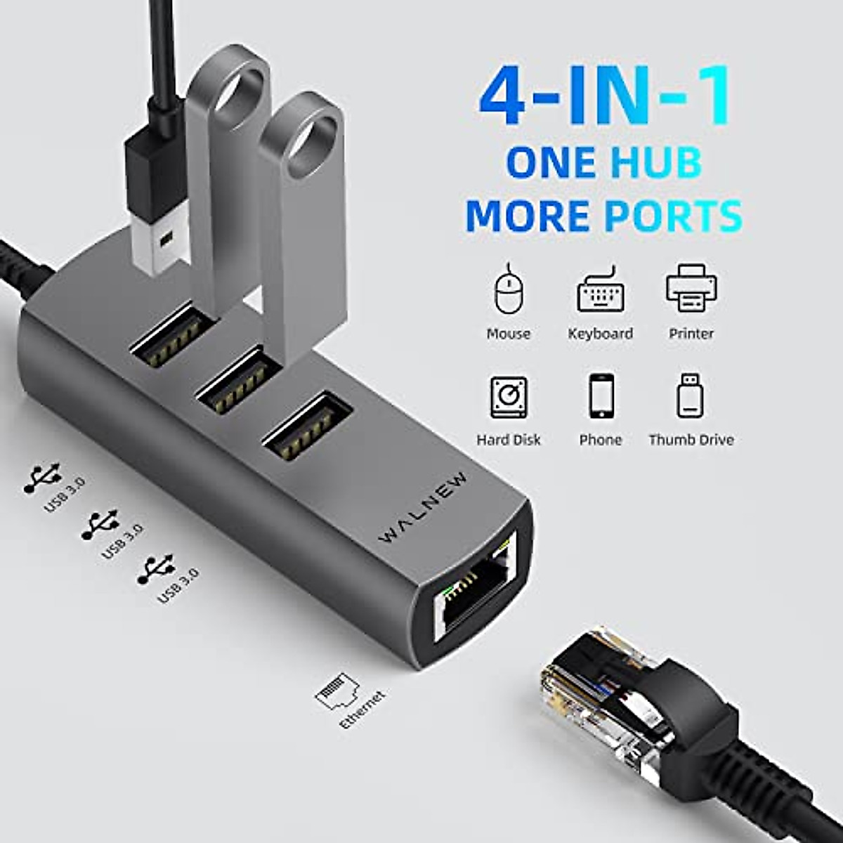 USB C to Ethernet Adapter, WALNEW 4-in-1 USB-C to USB 3.0 Hub with Gigabit Ethernet Adapter,Thunderbolt 3 to Gigabit Ethernet LAN Network Adapter for MacBook Pro/Air, iPad Pro, Dell XPS and More