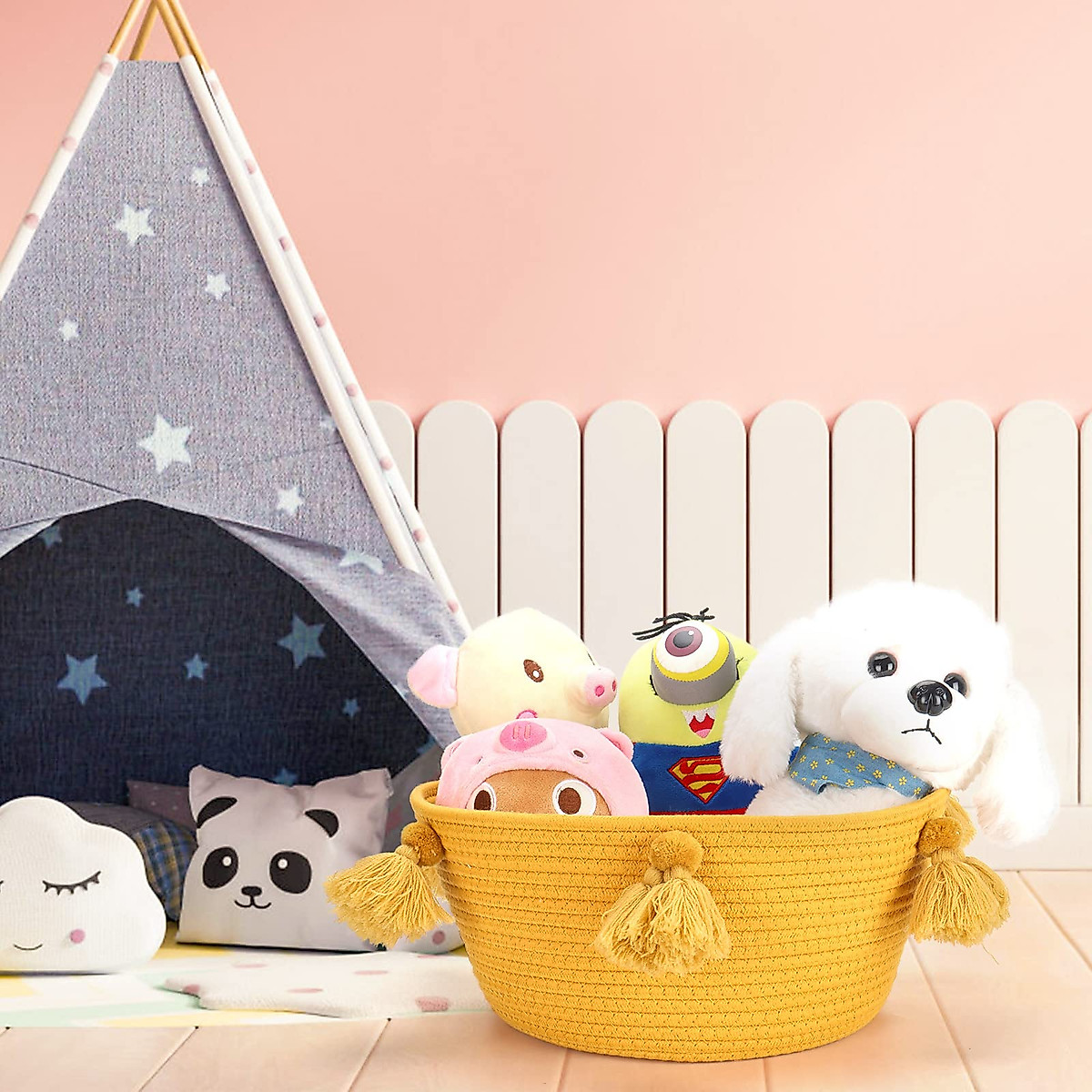 Sarmyarc Cotton Rope Basket Boho Woven Basket Cute Round Closet Storage Bins Organizer with Macrame Tassel for Baby Toys Diaper Dog’s Toys Storage Organizer Nursery Decor (ginger)