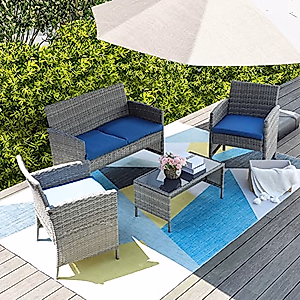 Patio PE Wicker Furniture Set 4 Pieces,All Weather Patio Conversation Sets of 2 Single Sofas,1 Loveseat and Tempered Glass Table Top,Outdoor Chat Set Conversation Set for Backyard Yard,Garden (Blue)