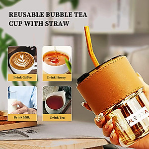 Glass Water Bottles,15oz Glass Tumbler Wide Mouth Mason Jar with Lid and Straw,2 Drinking Ports Aesthetic Cups,Reusable Drinking Jars for Tea, Beer,Iced Coffee,Honey,smoothies,Juice etc (Amber)