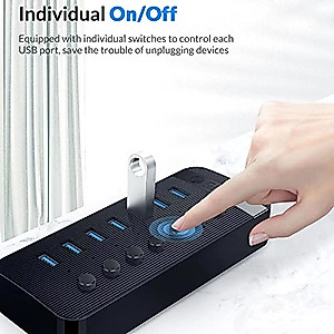 SHYPT 7 Port Powered USB 3.0 HUB BC1.2 Charger Splitter with Individual on/Off Switches and 12V/2A Power Adapter for PC Computer