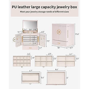 Vlando Large Jewelry Organizer Box for Women,Faux Leather Jewelry Storage with 5 Drawn,Watch Necklace Rings Earrings Case for Mothers Day Gift for Mom Wife Women（Apricot White）
