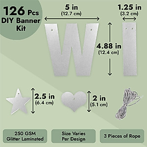 Juvale 126 Pieces Make Your Own Banner Kit - DIY Banner with Silver Glitter Letters A-Z, Numbers 0-9, Hearts, Stars, and 3 Strings