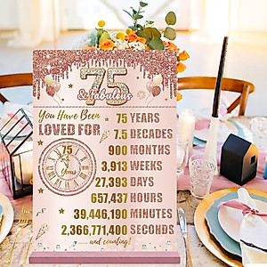 Bumqviy Happy 75th Birthday Decorations Back in 1949 Table Sign for Women, Pink Rose Gold 75 & Fabulous Birthday Two-Sided Wooden Poster with Stand, 75 Year Old Birthday Gift Party Supplies