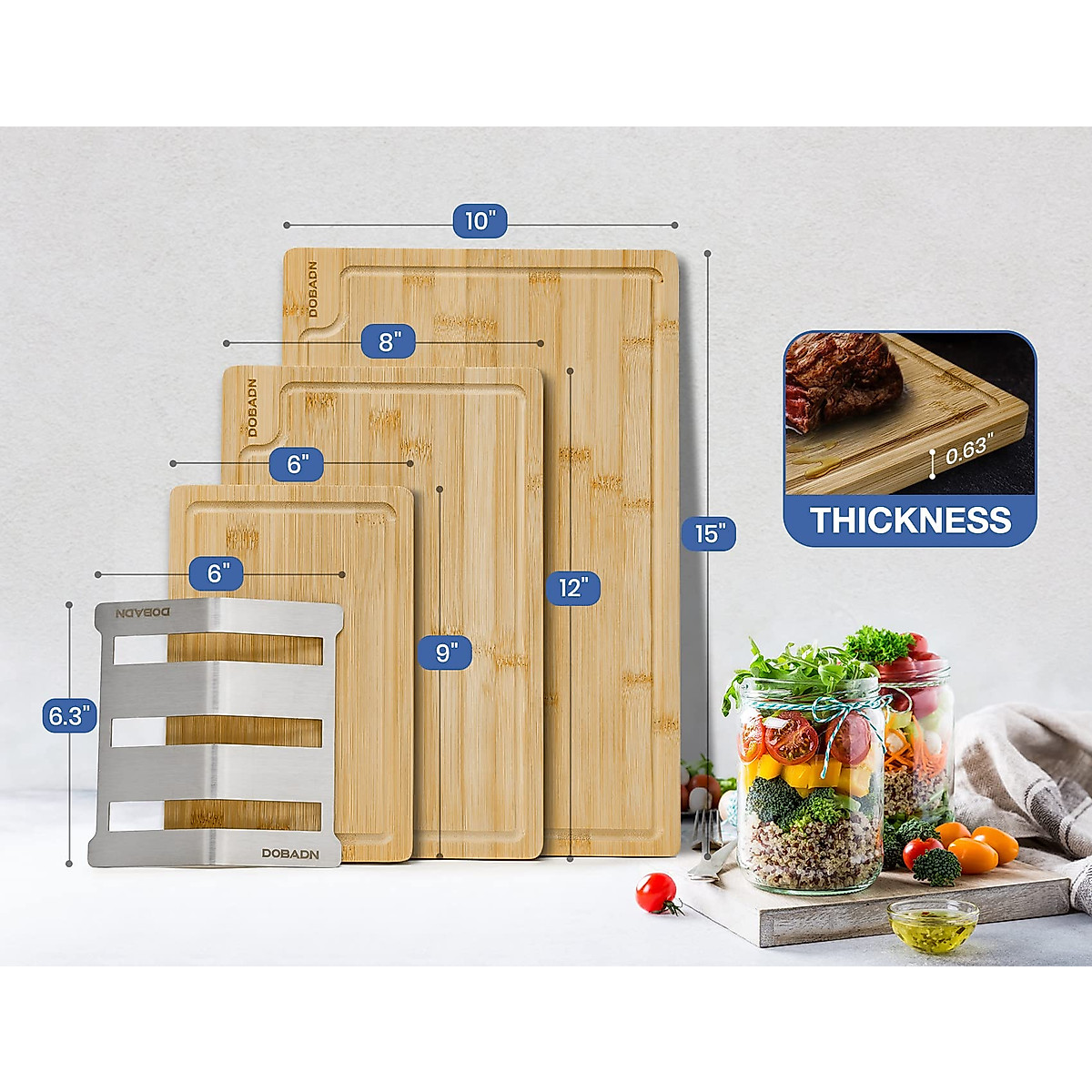 DOBADN Bamboo Cutting Board Set for Kitchen,（Set of 3）Chopping Boards with Juice Groove,Natural Wood Cutting Boards with Stainless Steel Holder,Cutting Board Set for Butcher Block,Cheese,Vegetables