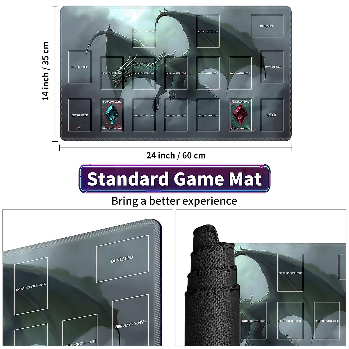 Playmat for OCG, Game Play Mat for TCG CCG 24 x 14 inch with Non-Slip Rubber Base and Stitched for Board Games and Table Magic, Green Dragon