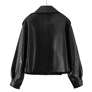LY VAREY LIN Women Black Faux Leather Jackets Casual Short Oversized Coat Asymmetrical Motor Biker Jacket (Black, L)