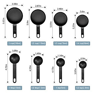 NileHome Measuring Cups and Spoons Set, Plastic Measuring Spoons 8 Piece Includes 4 Measuring Cup Set and 4 Measuring Spoons Set Stackable Stainless Steel Handle Measure Cups for Cooking&Baking, Black