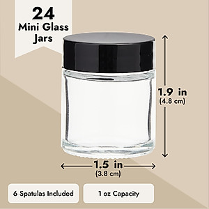 Juvale 24 Pack Small Glass Containers with Lids 1 oz, Empty Jars with 6 Spatulas for Creams, Cosmetics, DIY Ointments, Mixing (30ml)