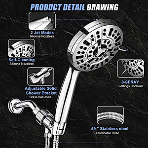 Likense High Pressure Shower Head with Handheld, 10 Spray Settings Water Saving Shower Heads with Stainless Steel Hose,Holder & PTFE Tape, Wider Silver Face for Tubs Tiles Walls Pets Cleaning