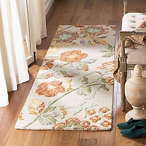 SAFAVIEH Blossom Collection 2'3" x 12' Grey / Red BLM458F Handmade Floral Premium Wool Runner Rug