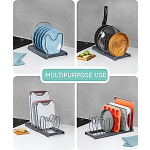 JULY HOME Expandable Pot and Pan Organizer Rack for Cabinet, Pot Lid Organizer Holder with 7 Adjustable Compartments, Cutting Board, Cookware, Bakeware & Frying Rack Organizer for Cabinet (Gray)