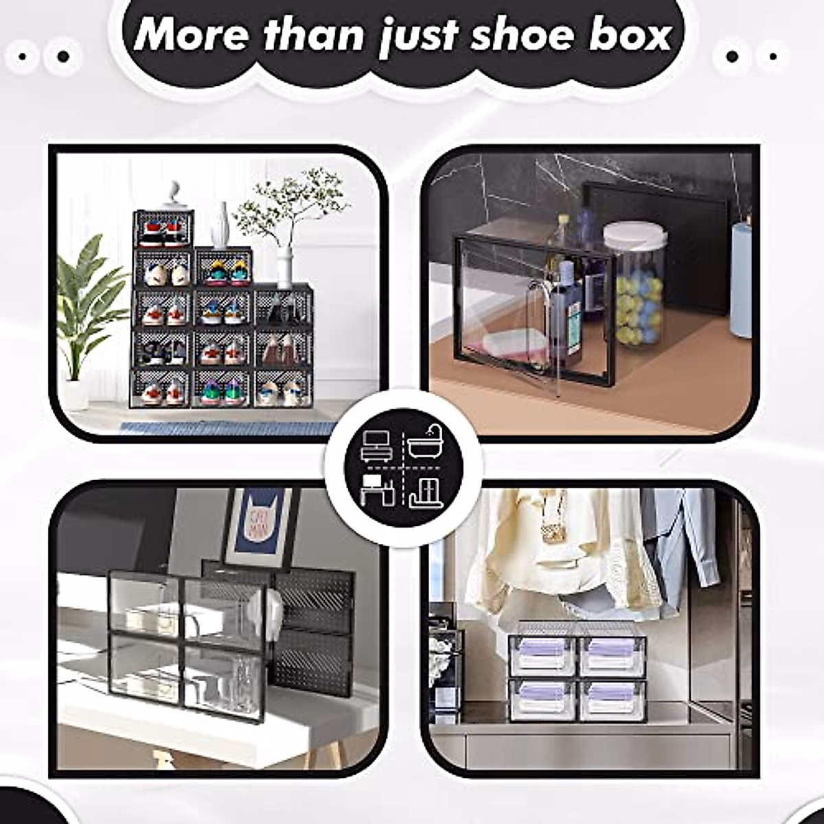GONAT Large Shoe Organizers, Clear Shoe Boxes Stackable, Good Replacement For Shoe Rack, Under Bed, Black.