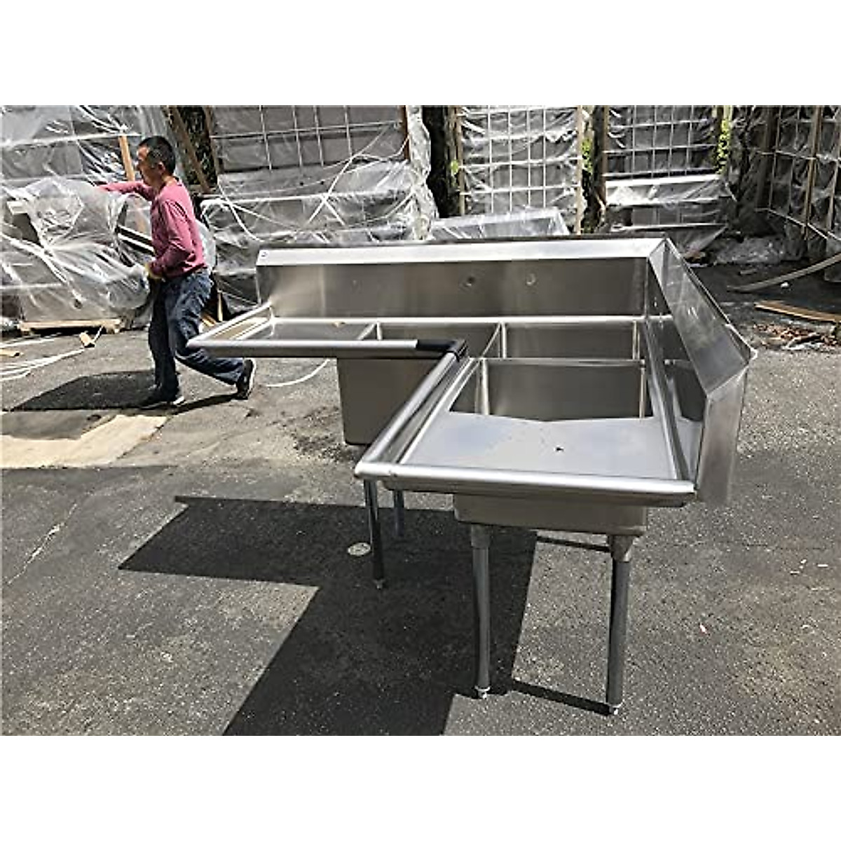 Commercial Kitchen Corner Sink 3 Compartment Stainless Steel NSF with Right and Left Drainboards，Splashboard