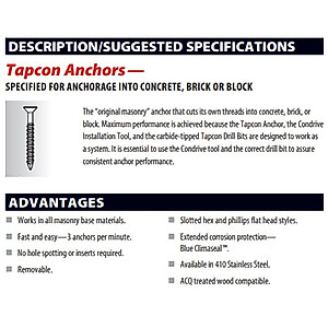 Tapcon 1/4" x 1-3/4" Star Torx Head Concrete Anchor Screws 3185407V2 | 100 Pack | Drill Bit Included