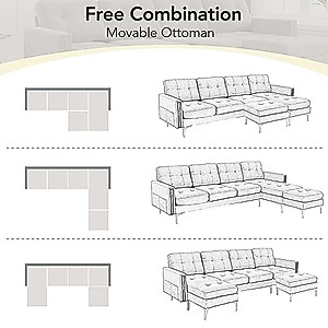 EOVTK Convertible Sectional Sofa with Movable Ottoman, 110" L-Shape Velvet Couch with Golden Metal Legs & Side Storage Pockets for Living Room, Apartment, Office, Light Gray